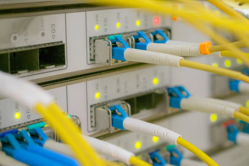 Many Yellow Internet Cables. Front Panel of the Central Router with a ...