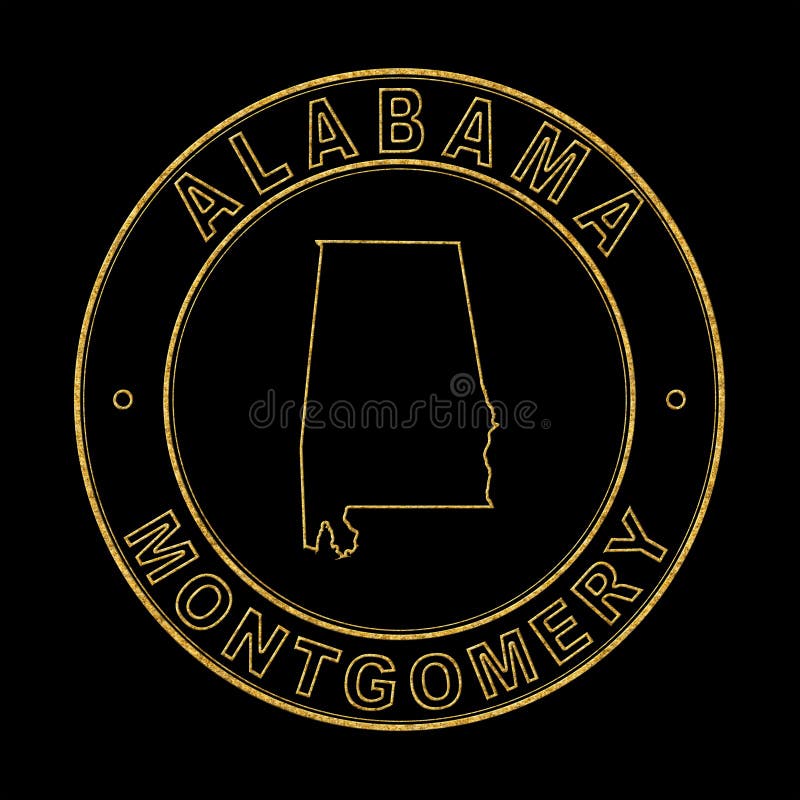 Map of Alabama, Golden Stamp Black Background Stock Illustration ...
