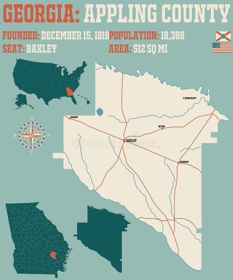 Map of Appling County in Georgia Stock Vector - Illustration of lakes ...