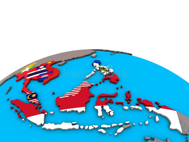 Map of ASEAN Memeber States with Flags on Globe Stock Illustration ...
