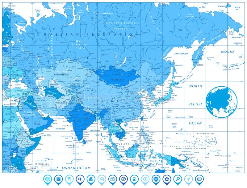 Map of Asia in Colors of Blue and Map Pointers Stock Vector ...