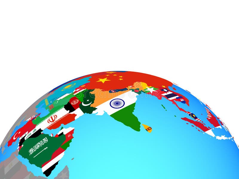 Map of Asia with Flags on Globe Stock Illustration - Illustration of ...