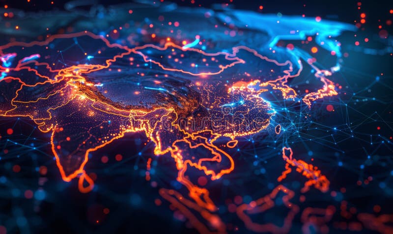 Map of Asia with Global Connection Lines and Glowing Lights. Worldwide ...