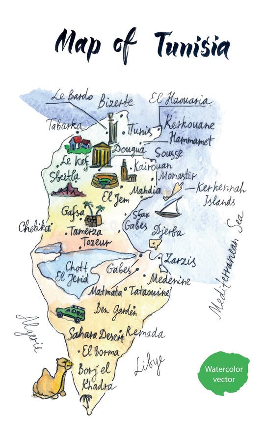 Map Of Attractions Of Tunisia, Watercolor Hand Drawn, Vector ...