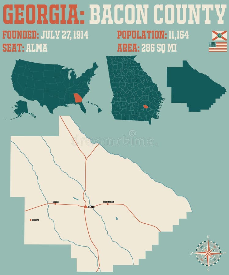 Map of Bacon County in Georgia Stock Vector - Illustration of american ...