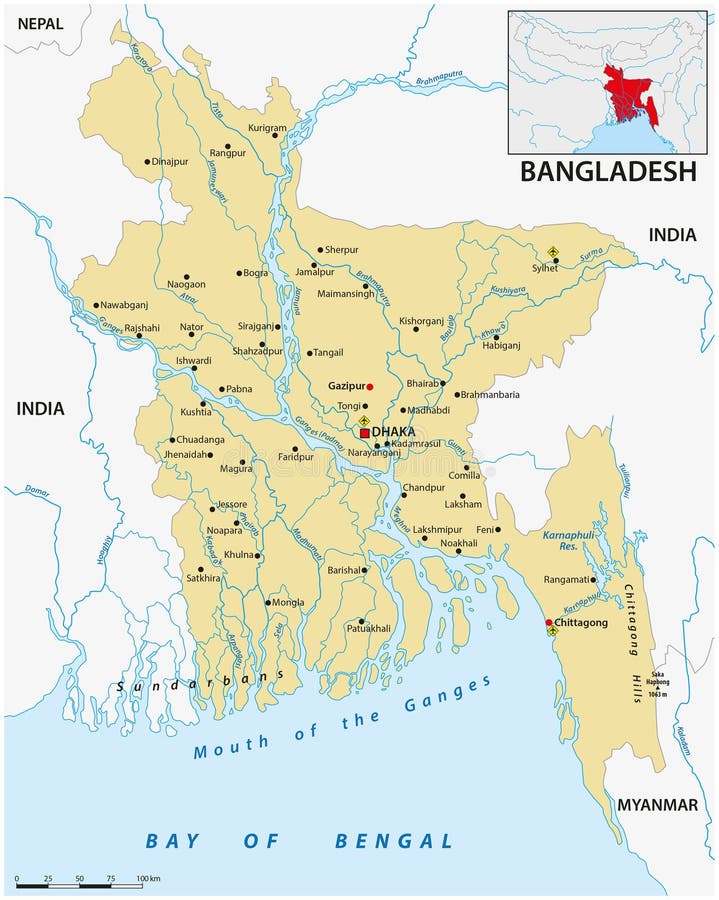 Map of Bangladesh with Major Cities and Rivers Stock Vector ...