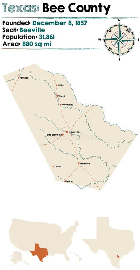 Map of Bee county in Texas stock vector. Illustration of highway ...
