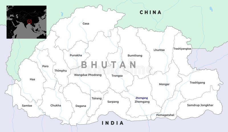 Map of Bhutan with District Boundaries with Their Names Stock ...