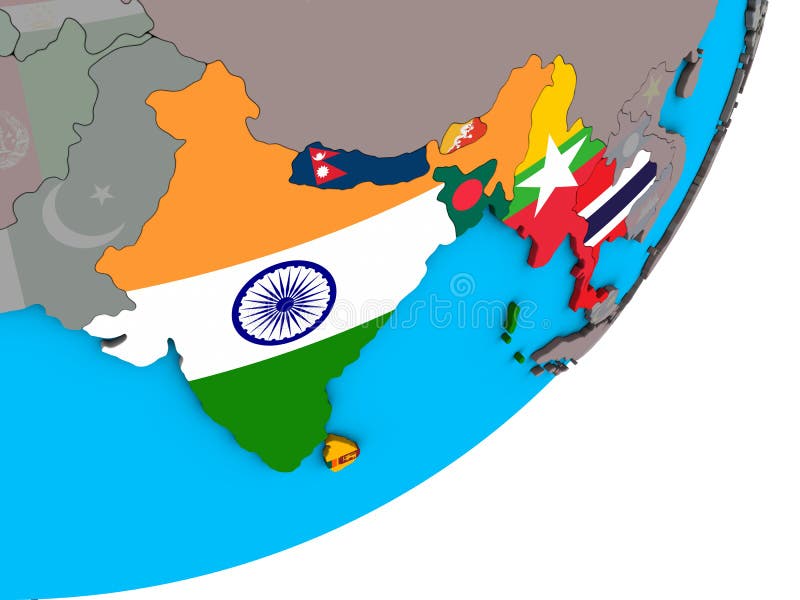 Map of BIMSTEC Memeber States with Flags on Globe Stock Illustration ...