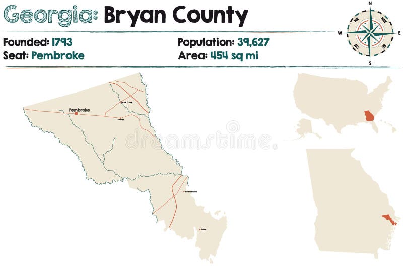 Map of Bryan County in Georgia Stock Vector - Illustration of ...