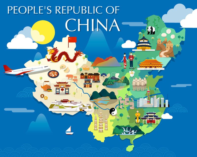 Map of the China and Landmark Icons for Traveling Stock Illustration ...