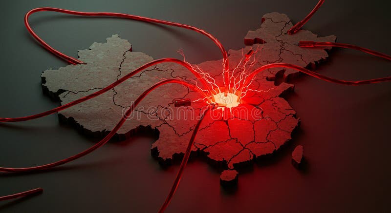A Map of China with Red Cables Connecting To a Central Point Emitting ...