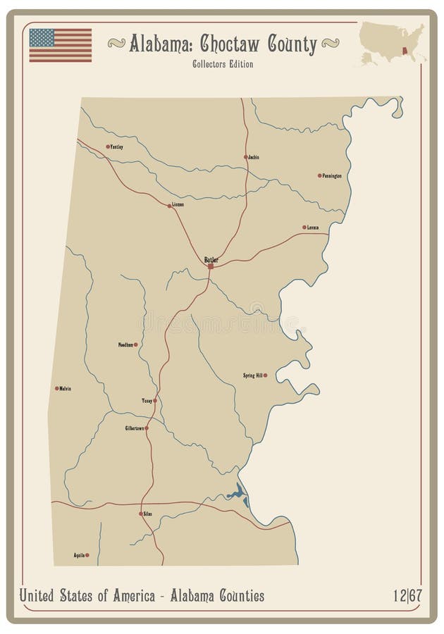 Map of Choctaw County in Alabama Stock Vector - Illustration of lakes, signs: 140701506