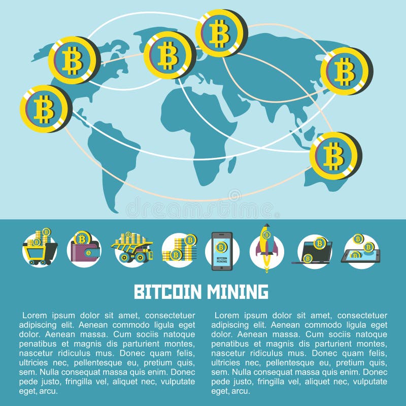 Bitcoin Mining. Map of Circulation of Bitcoins. Vector Illustration ...