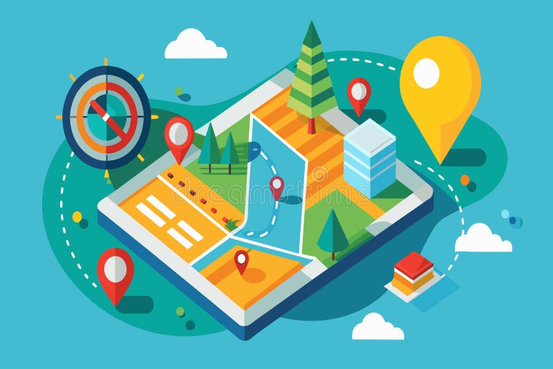 A Map of a City with a Compass and a Bunch of Markers on it Stock ...