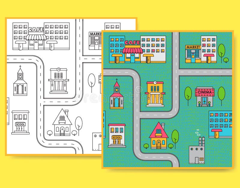 Map of City with Different Buildings, Road and Trees Stock Vector ...
