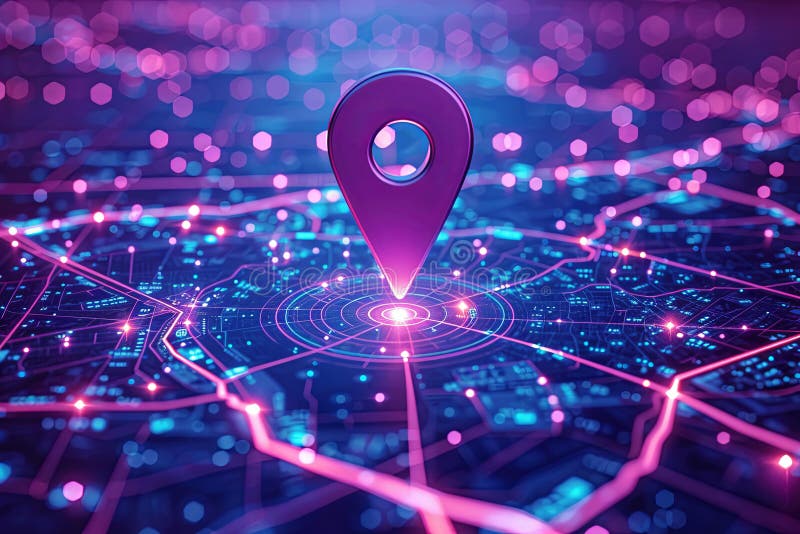 Map of a City with a Purple Pin on it. the Map is Full of Lights and ...