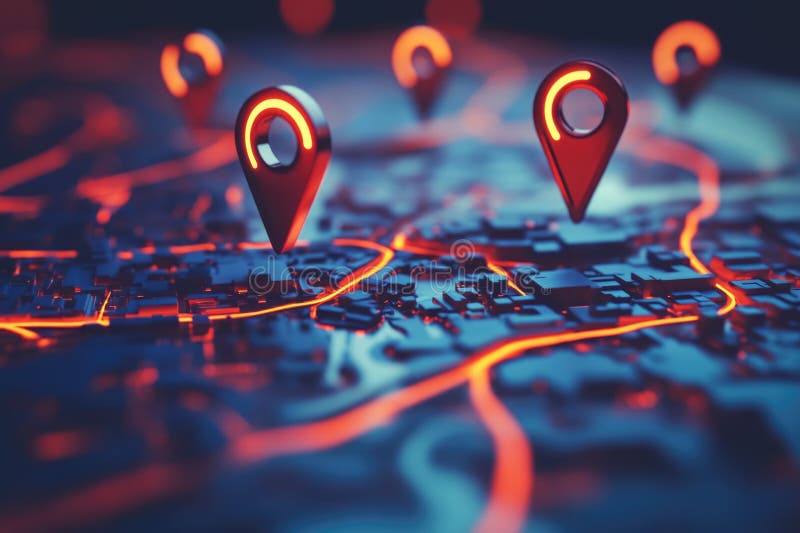 Map of a City with Red Pins on it Stock Photo - Image of route ...