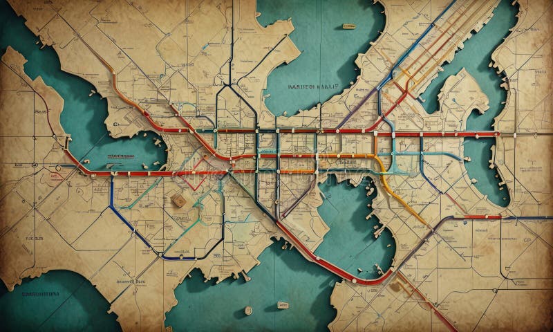 A Map of a City with a Subway System is Shown, with a Blue Ocean in the ...