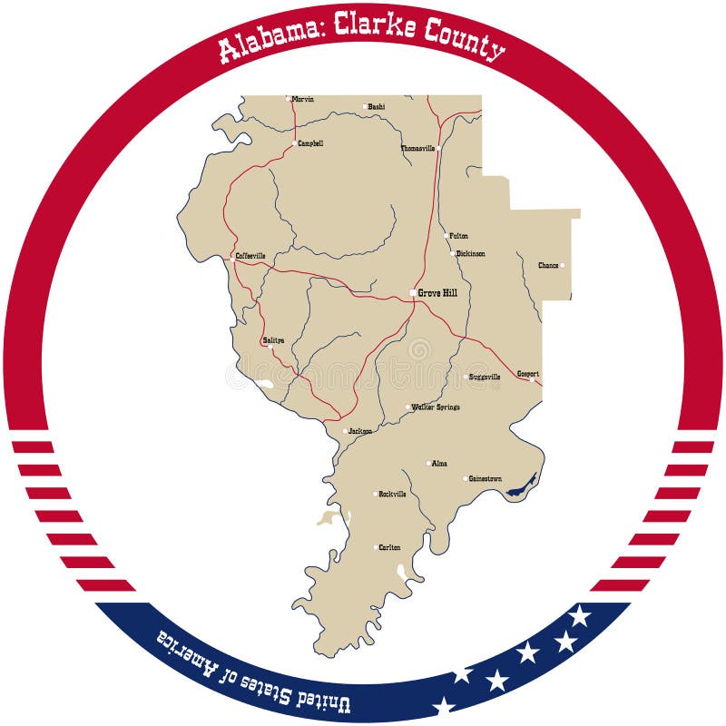 Map of Clarke County in Alabama, USA. Stock Vector - Illustration of ...
