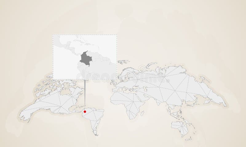 Map of Colombia with Neighbor Countries Pinned on World Map Stock ...