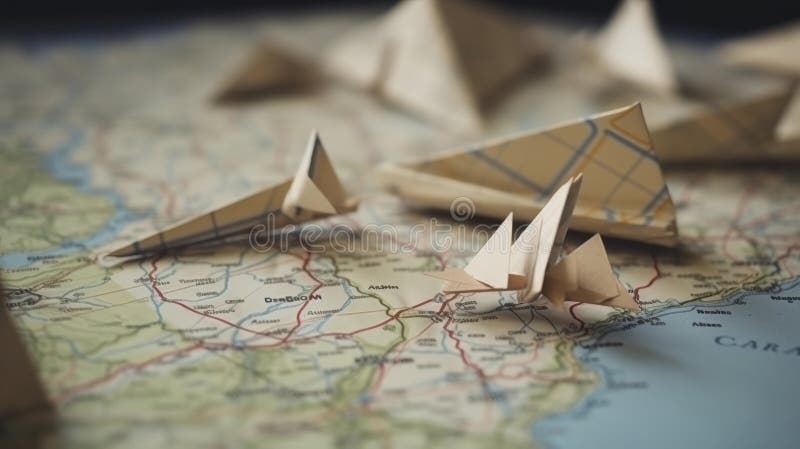 A Map with Colorful Origami Airplanes. Generative Ai Stock Image ...
