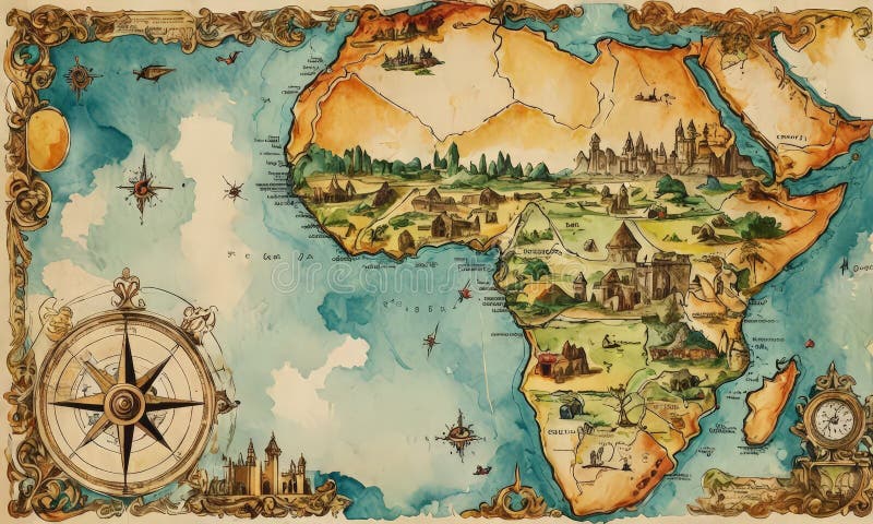 Map with Compass and Africa Stock Illustration - Illustration of ...