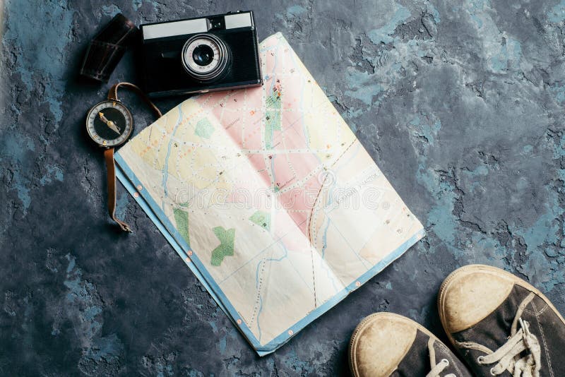 Map, Compass, Camera and Sneakers Stock Photo - Image of point ...