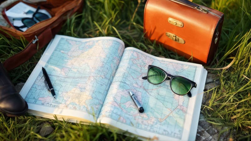 Map, Compass, Notebook, Compass and Sunglasses on a Background of ...