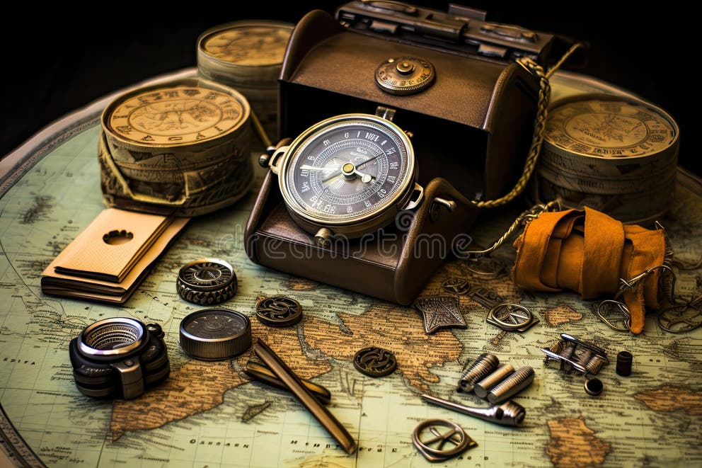 A Map with a Compass, a Compass and Other Items on it Stock ...