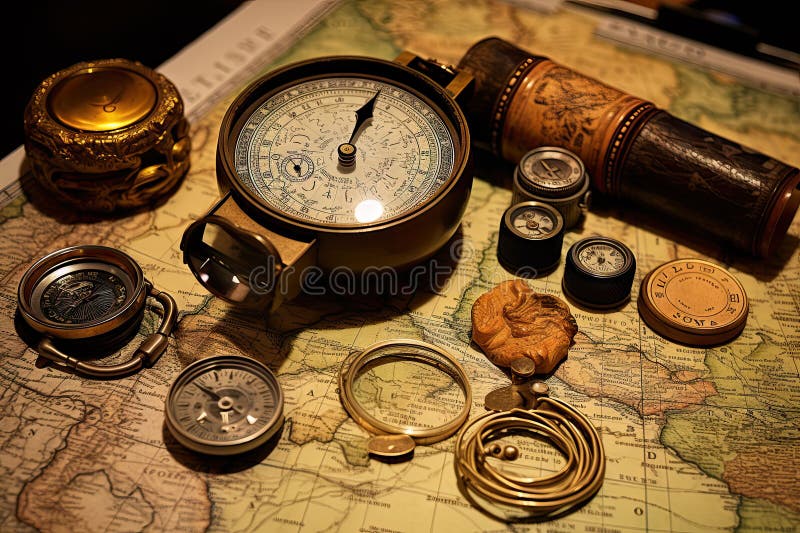 A Map with a Compass, a Compass and Other Items on it Stock ...