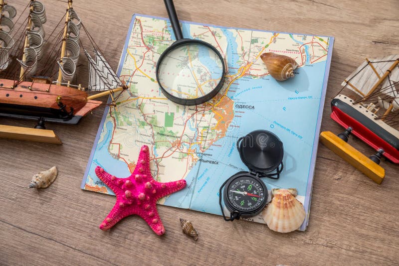Map, Compass on Seashell, Ship Stock Photo - Image of decoration ...