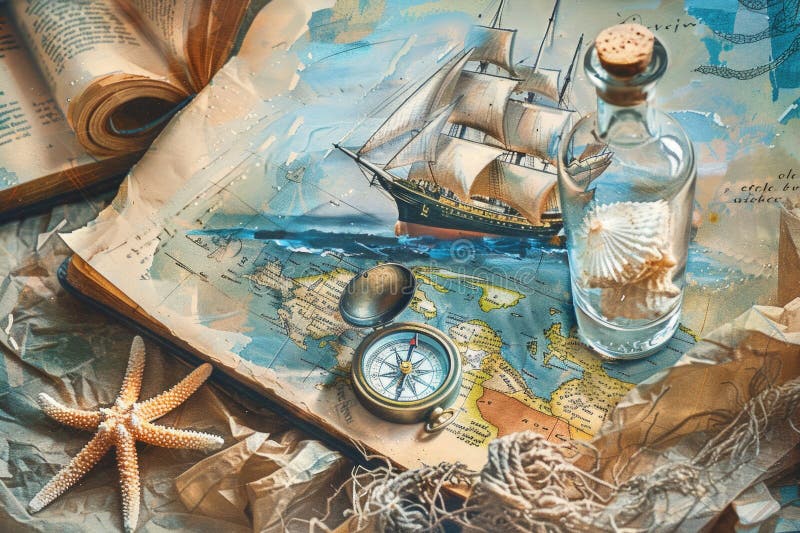 Map with Compass and Ship Navigation Stock Image - Image of adventure ...