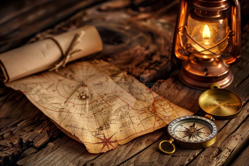 Map and Compass Under Warm Lantern Light Stock Photo - Image of ...