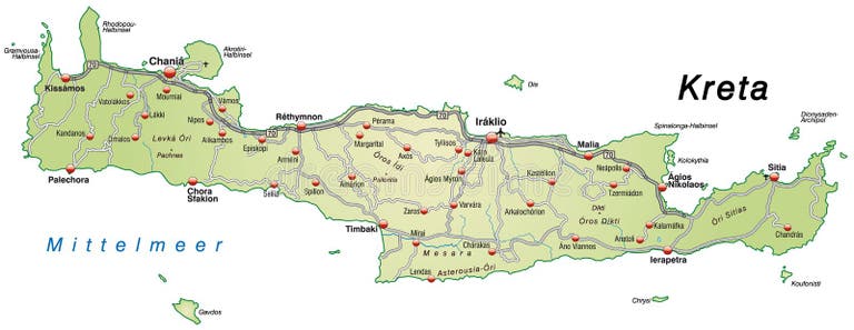 Map of Crete with highways stock illustration. Illustration of ...