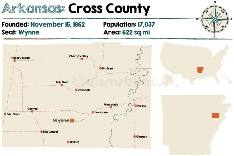 Map of Cross County, Arkansas Stock Vector - Illustration of detail ...
