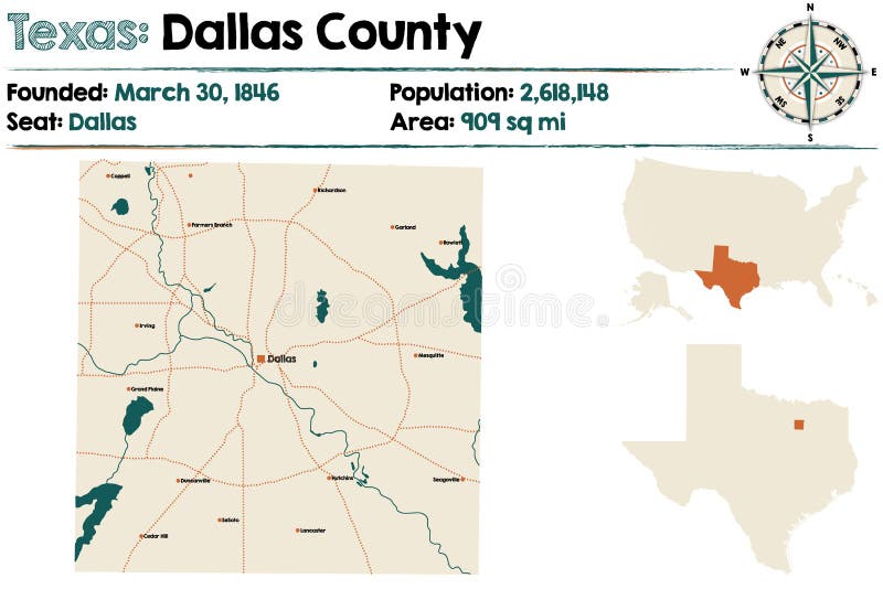 Map of Dallas County in Texas Stock Vector - Illustration of lakes ...