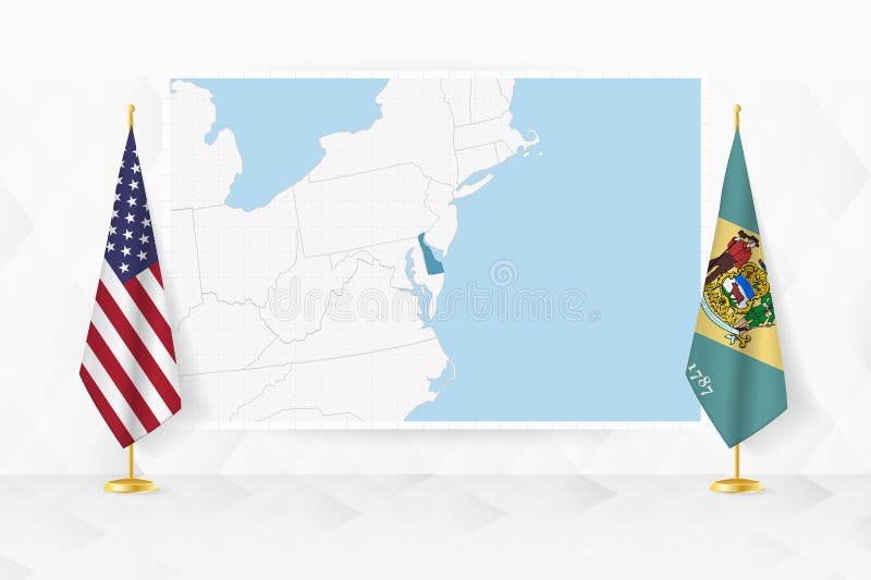 Map of Delaware and Flags of Delaware on Flag Stand Stock Vector ...