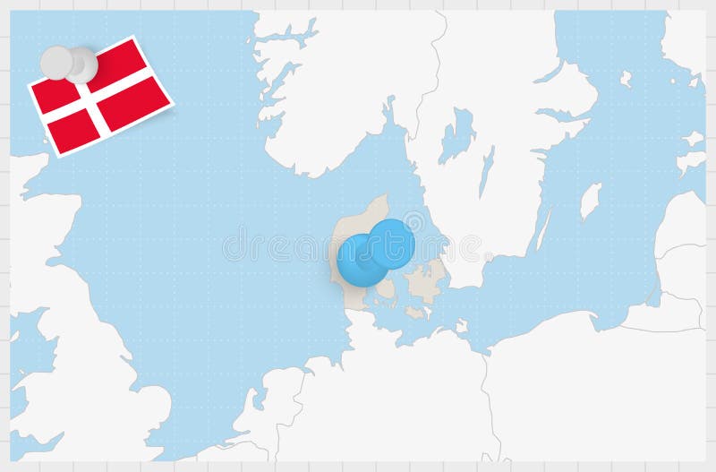 Map of Denmark with a Pinned Blue Pin. Pinned Flag of Denmark Stock ...