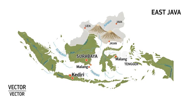 Map of East Java Showing Key Locations and Geographical Features Stock Illustration ...