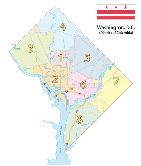 Map of the Eight Districts of Washington DC with Flag Stock Vector ...