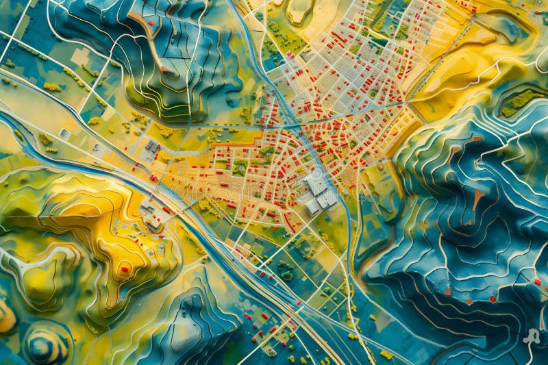 Map of Elevation of a City Urban Area with Roads and Junctions for GIS ...