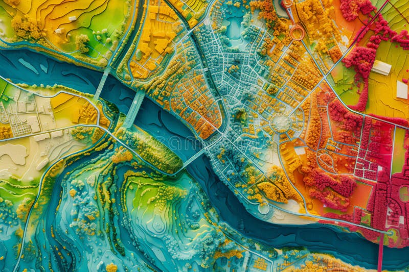 Map of Elevation of a City Urban Area with Roads and Junctions for GIS ...