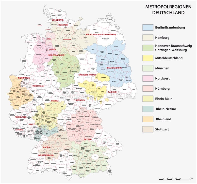 Map of the Eleven German Metropolitan Regions in German Language Stock ...