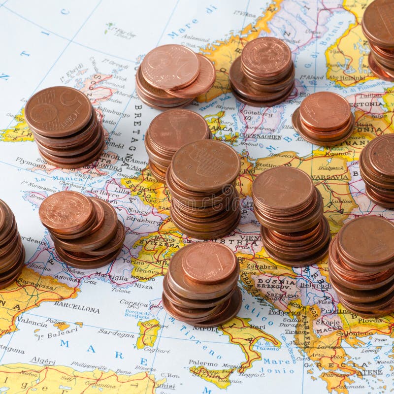Map of Europe with coins stock photo. Image of bank, business - 55762174