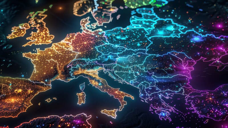 A Map of Europe is Displayed with Colorful Lights Highlighting ...