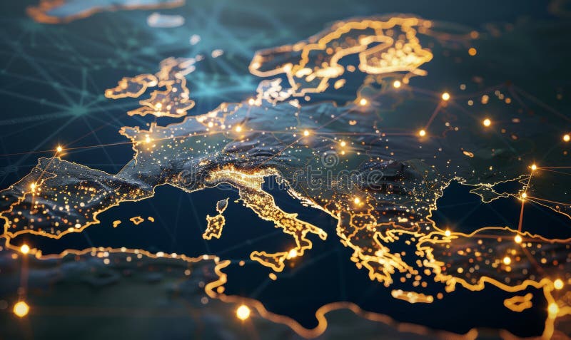 Map of Europe with Global Connection Lines and Lights. Worldwide ...