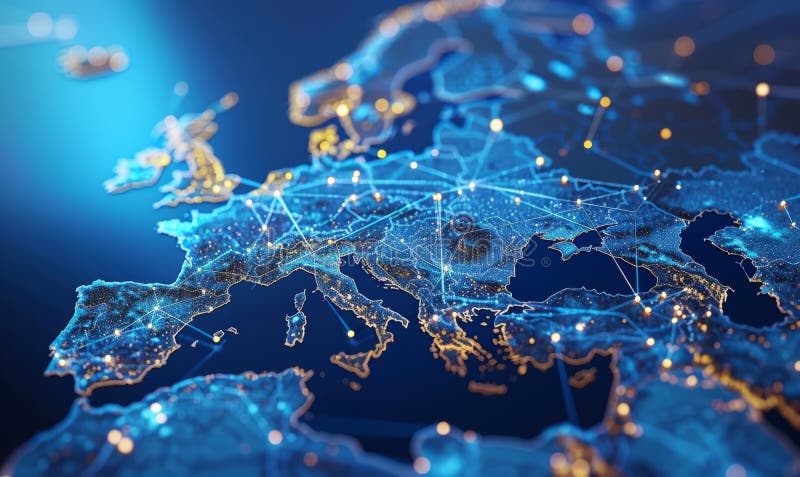 Map of Europe with Global Connection Lines and Lights. Worldwide ...