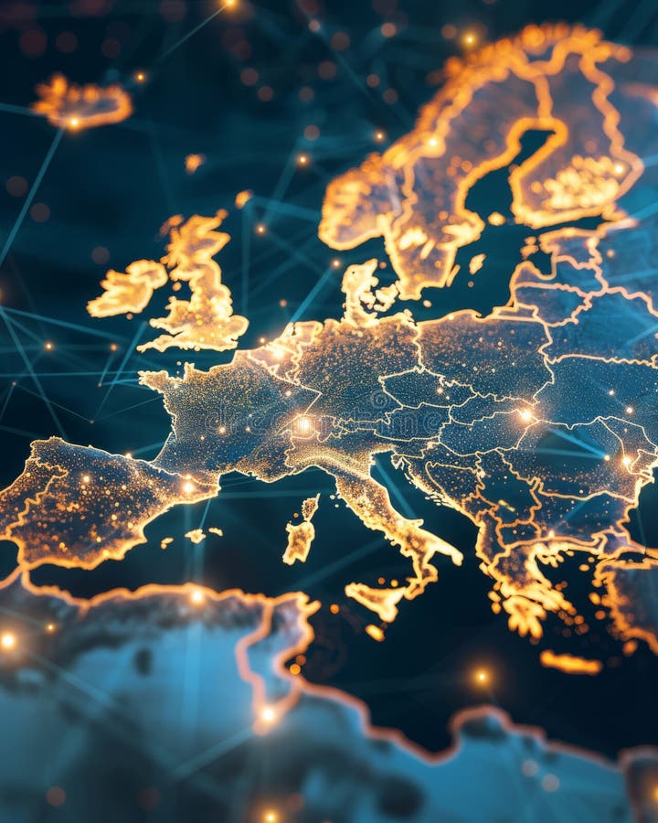 Map of Europe with Global Connection Lines and Lights. Worldwide ...