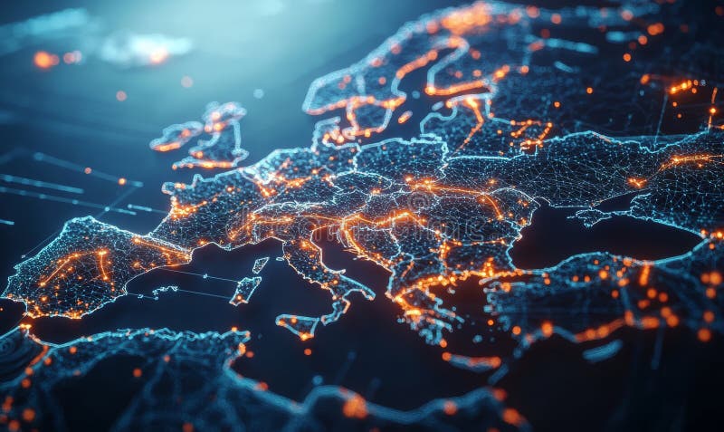 Map of Europe with Global Connection Lines and Lights. Worldwide ...